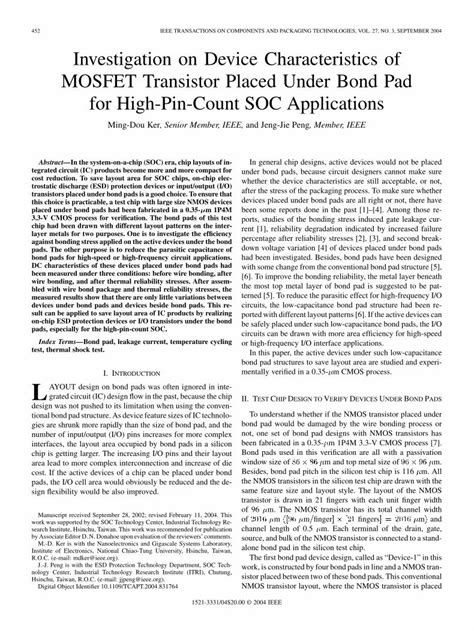 Pdf Investigation On Device Characteristics Of Mosfet Transistor Placed Under Bond Pad For