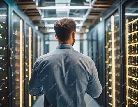 Premium Ai Image Back View Of A Male It Specialist In A Server Room Managing And