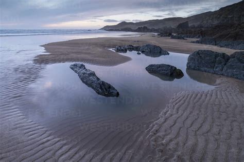 Tidal Pools And Sand Patterns On A Deserted Combesgate Beach North Devon England United