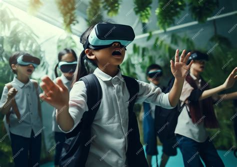 추상적인 미래 학교 교실에서 Vr 안경을 쓴 아이들 무료 사진