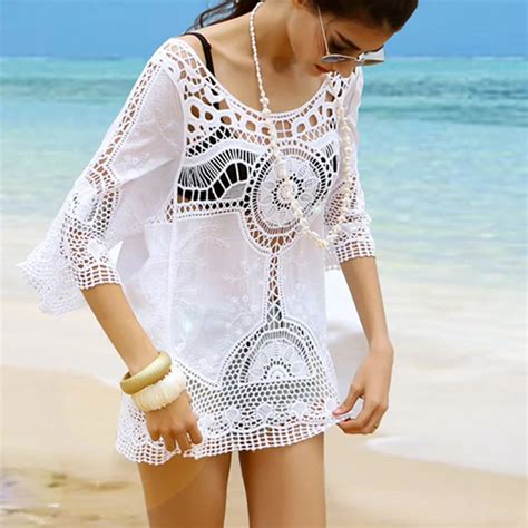 Cotton Embroidery Women Blouse Sexy Swimwear Hollow Out Beach Cover Up