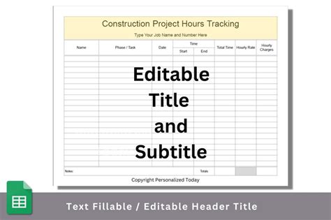 Google Sheets Construction Project Hours Tracker Text Fillable Text
