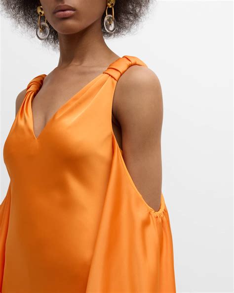 Halston Binnie Cold Shoulder Balloon Sleeve Satin Gown Neiman Marcus