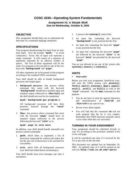 Assignment 1 For Fundamentals Operating System Cosc 4330 Docsity