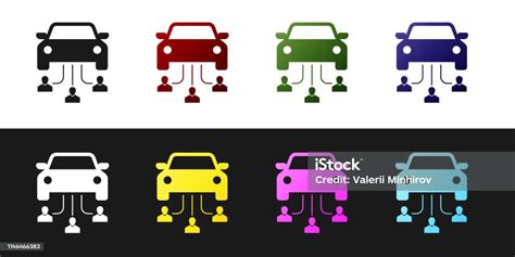 흑백 배경에 고립 된 사람들의 그룹 아이콘으로 자동차 공유를 설정 합니다 Carsharing 표시 됩니다 교통 임대 서비스