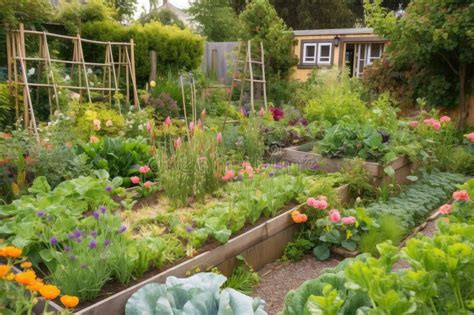 Flower Beds And Vegetable Patches In Cottage Garden Setting Stock