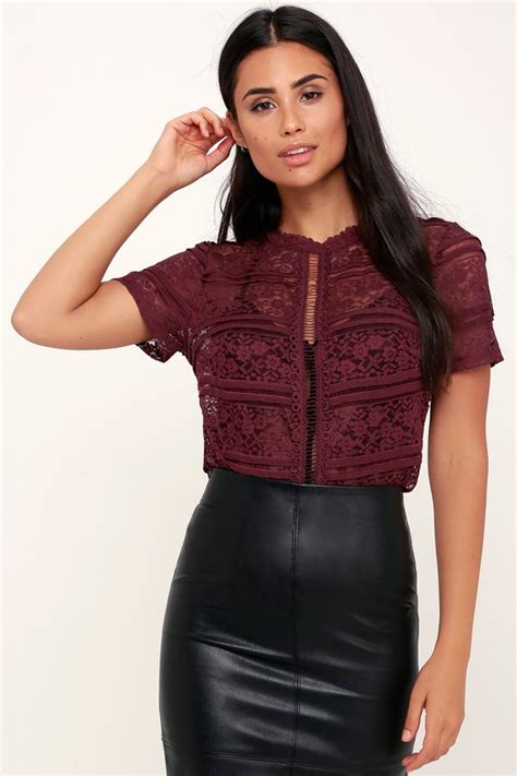 Sexy Burgundy Top Sheer Lace Top Short Sleeve Top Cute Top Lulus