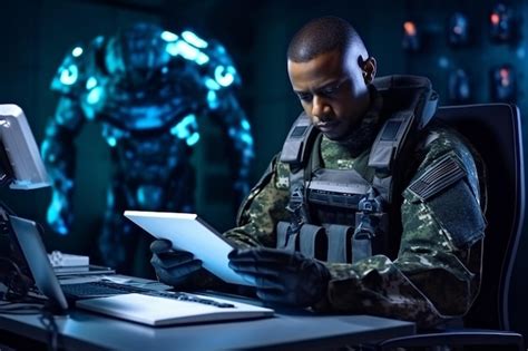 Premium Ai Image Military Analyst Soldier In Uniform Analyzing Data
