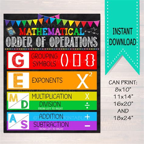 Order Of Operations Math Theory Classroom Poster — Tidylady Worksheets Library