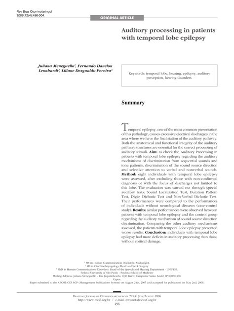 Pdf Auditory Processing In Patients With Temporal Lobe Epilepsy