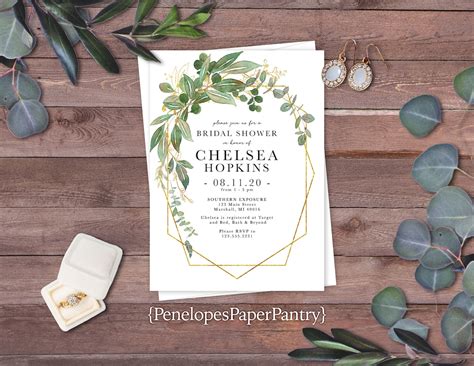 Elegant Greenery Geometric Frame Bridal Shower Invitation Leaves Vines