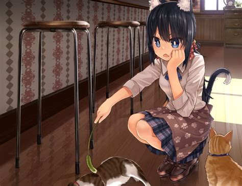 Animal Animal Ears Black Hair Blue Eyes Cat Catgirl Cropped