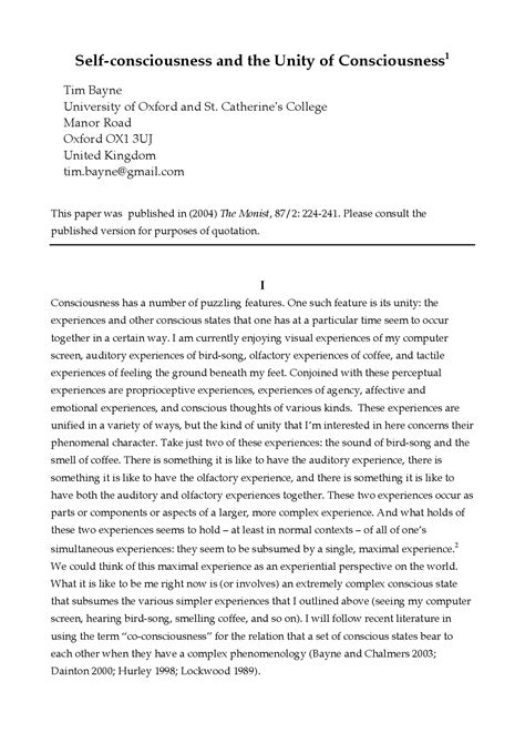 Self Consciousness And The Unity Of Consciousness Docsity