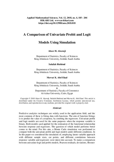 Pdf A Comparison Of Univariate Probit And Logit Models Using Simulation