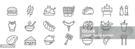 길거리 음식 라인 아이콘입니다 음식 축제 아이콘 세트입니다 벡터 일러스트 레이 션 0명에 대한 스톡 벡터 아트 및 기타 이미지 0명 거리 고기 Istock