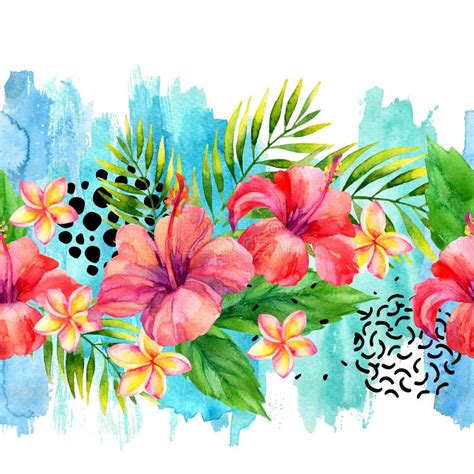 手画艺术品：水彩热带叶子和花在刷子抚摸背景 库存例证 插画 包括有 自然 格朗基 艺术 要素 密林 98006206