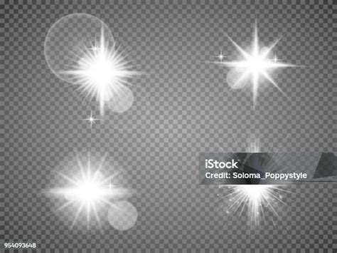 설정 합니다 빛나는 별 태양 입자와 하이라이트 효과로 스파크 색상 Bokeh 빛 반짝임과 장식 어두운 배경 투명 벡터 Eps10 별에 대한 스톡 벡터 아트 및 기타 이미지