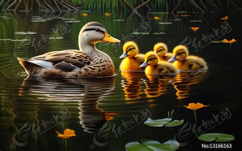 池塘里鸭妈妈带着一群小鸭子素材图片下载红动中国