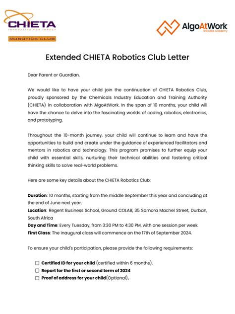 Extended Chieta Robotics Club Letter Pdf