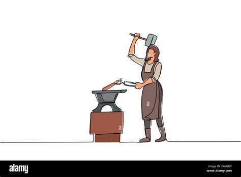 Single Continuous Line Drawing Active Female Blacksmith In Apron