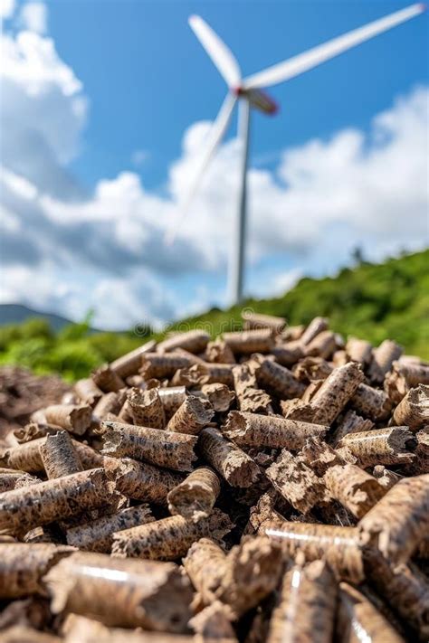 Renewable Energy Illustration With Wood Pellets Stacked Near A Wind