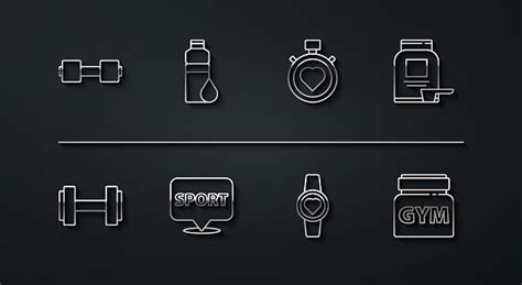중앙 스톱워치 아이콘에 라인 덤벨 스포츠 영양 스마트 워치 위치 체육관 피트니스 셰이커 및 하트를 설정하십시오 벡터 아이콘에