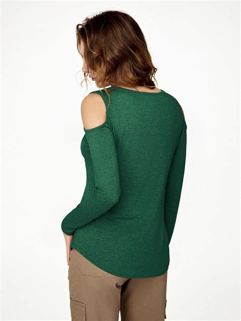Amoretu Womens V Neck Cold Shoulder Long Sleeve Loose Fit T Shirt Top
