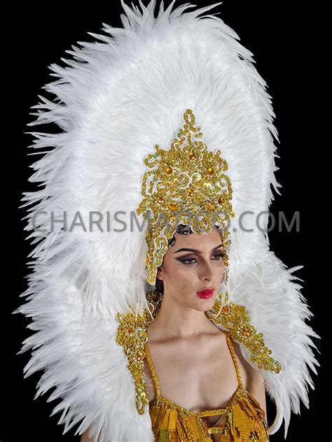 White And Golden Feather Showgirl Headdress And Backpack Set