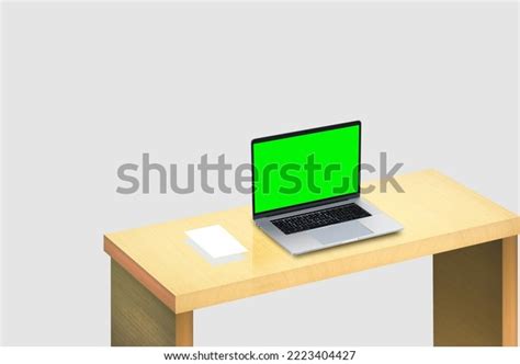 3d Rendering Wooden Desk Laptop Mockup Stock Illustration 2223404427