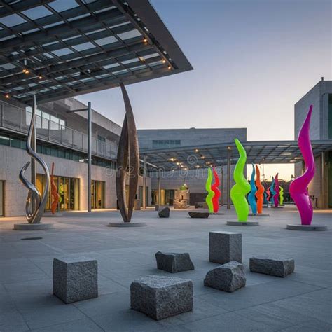 Modern Outdoor Plaza With Colorful Twisted Sculptures In Vibrant Hues