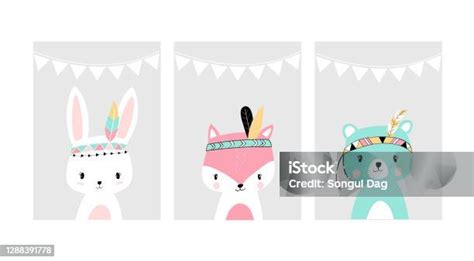작은 토끼 여우와 곰 벡터 인쇄와 귀여운 포스터 아기 방 베이비 샤워 인사말 카드 어린이와 아기 티셔츠와 착용 손으로 그린 보육 0명에 대한 스톡 벡터 아트 및 기타 이미지