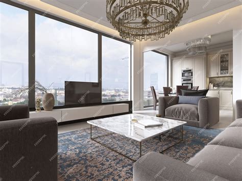 Современный роскошный интерьер гостиной с диваном креслами журнальным столиком и обеденным