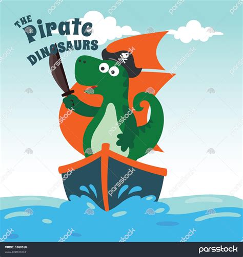 تصویر برداری از دزد دریایی دایناسور در یک کشتی در دریا با سبک کارتونی وکتور خلاق پس زمینه