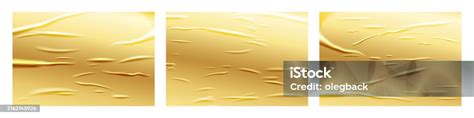주름 골드 종이 시트 세트 접착 효과 배경입니다 벡터 현실적 구겨진 포스터 젖은 기름칠 주름 빈 템플릿 질감입니다 창의적인 디자인을 위한 빈 광고 칼럼 모형 개체 그룹에