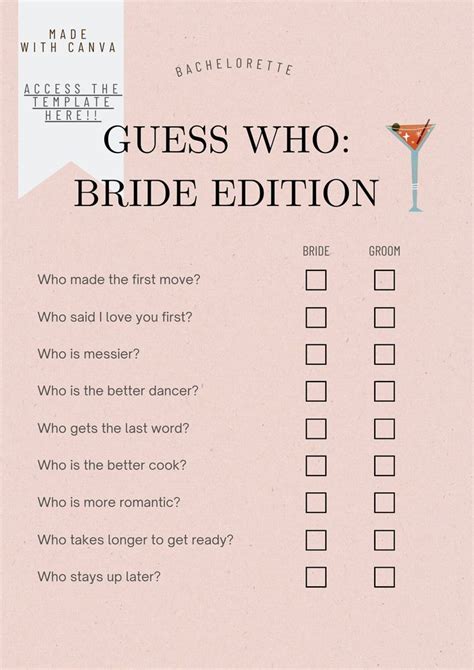 Bride And Groom Quiz Template Wedding Shower Bachelorette Guess