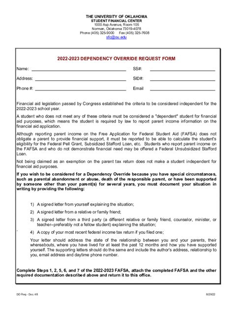 Fillable Online 2022 2023 Dependency Override Request Form Fax Email
