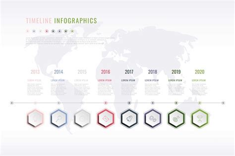 육각형 요소 연도 표시 및 배경에 세계지도와 기업 역사 인포 그래픽 현대의 현실적인 3d 비즈니스 데이터 시각화 벡터 회사 프리젠 테이션 슬라이드 템플릿 Eps 10 0명에