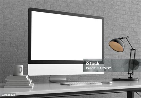 현대 작업 영역 격리 된 컴퓨터 화면을 모의 3d 설명입니다 0명에 대한 스톡 사진 및 기타 이미지 0명 공란 디자인
