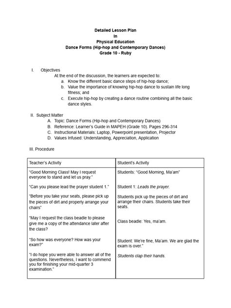 Detailed Lesson Plan Grade 10 Mapeh Pdf Dances Physical Fitness