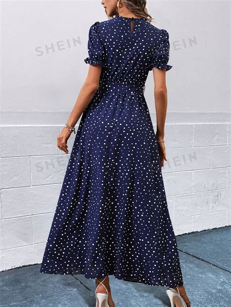 Shein Vcay Polka Dot Print Flounce Sleeve Belted Dress Shein Usa