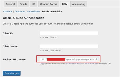 how to configure gmail api connection in the crm settings