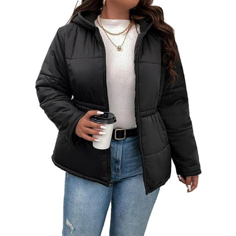 Casual Plain Hooded Puffer Long Sleeve Black Plus Size Winter Coats