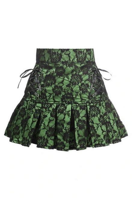 Green Satin And Black Lace Overlay Lace Up Skirt Spicy Lingerie