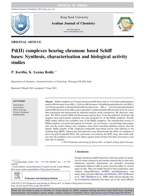 Solution Pd Ii Complexes Bearing Chromone Based Schiff Bases Synthesis