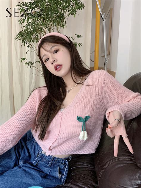 Sezo คาร์ดิแกนถักแขนยาวคอวีสั้นสไตล์เกาหลีสำหรับผู้หญิง Mixasale