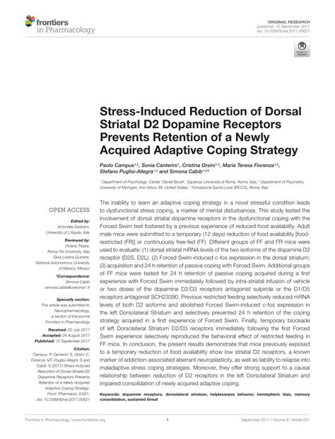 Pdf Stress Induced Reduction Of Dorsal Striatal D2 Dopamine Receptors Prevents Retention Of A