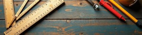 Rulers Protractor Compass And Triangle On Wood Surface Ruler