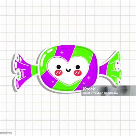 귀여운 재미 캔디 벡터 손으로 그린 만화 Kawaii 캐릭터 그림 아이콘입니다 캔디 캐릭터 컨셉 스티커 0명에 대한 스톡 벡터