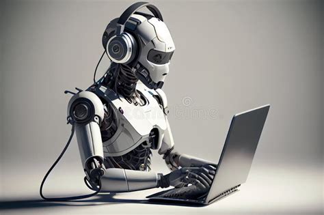 3d Rendering Humanoid Robot Working With Headset And Notebook Stock