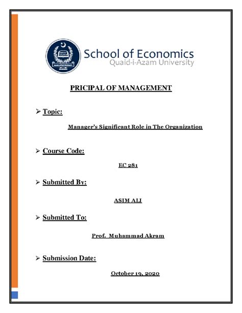 Asim Ali Management Assignment Pricipal Of Management Topic Managers Significant Role In The